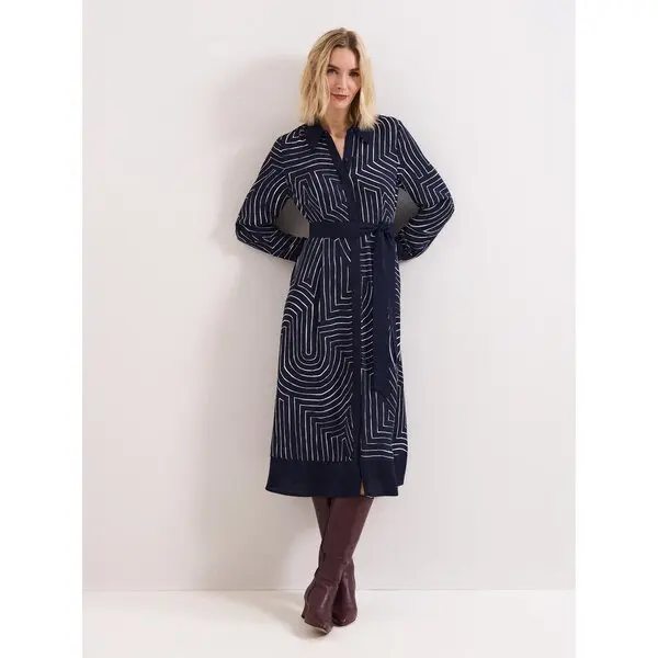 PHASE EIGHT Charlotte Long-sleeve Belted Midi Shirt Dress - Navy/ivory