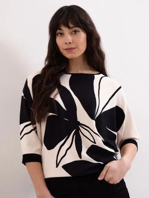PHASE EIGHT Printed Round Neck Knit Jumper - Black/ivory