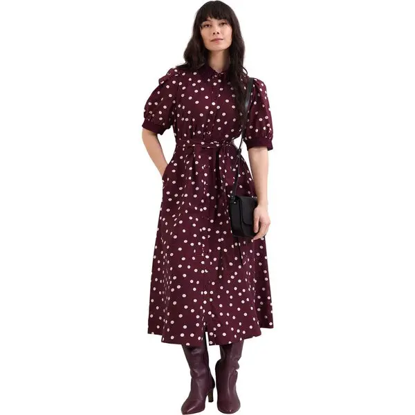 PHASE EIGHT Printed Puff Sleeve Midi Shirt Dress - Burgundy