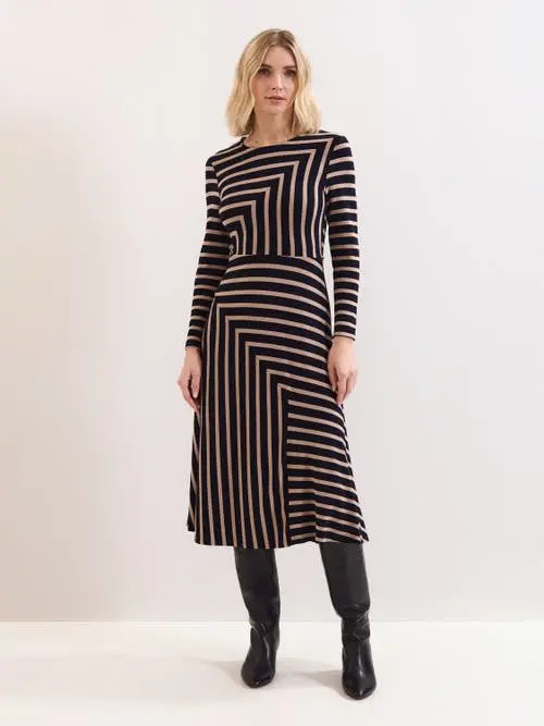 PHASE EIGHT Mia Stripe Long Sleeve Midi Dress - Black Multi