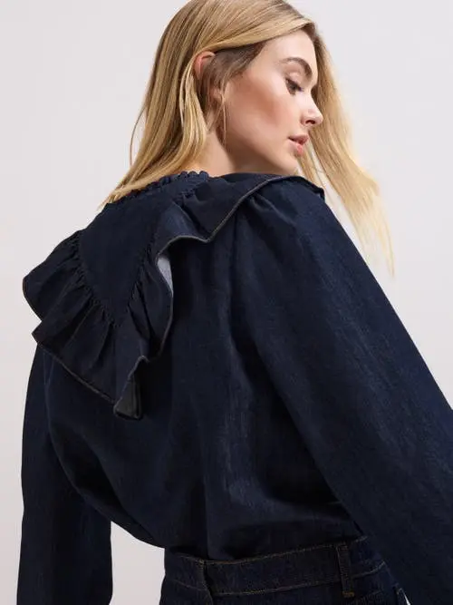 PHASE EIGHT Alexia Denim Ruffle V-neck Blouse