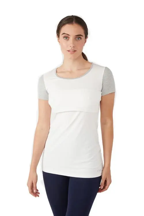 MODERN ETERNITY Nia Short Sleeve Maternity & Nursing Top - Eggshel Grey Mix