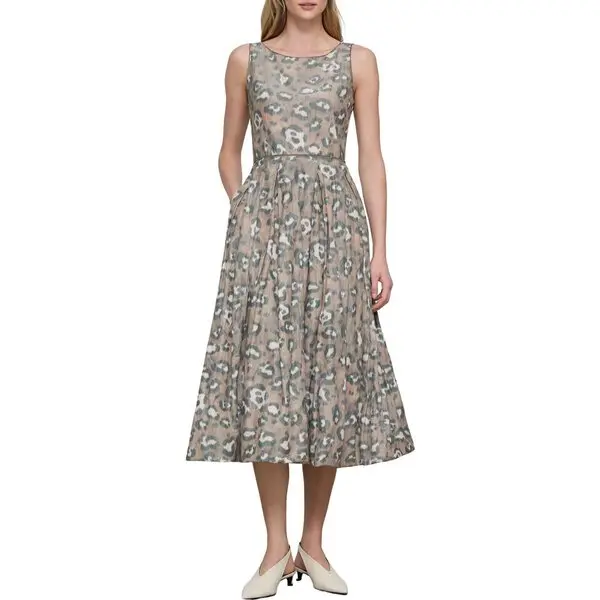 Lafayette 148 New York Leopard Warp Print Crinkled Taffeta Fit & Flare Dress - Brownstone Multi