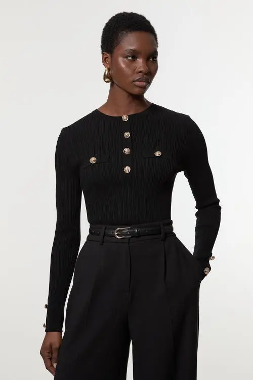Karen Millen Military Trim Ribbed Knit Long Sleeve Top