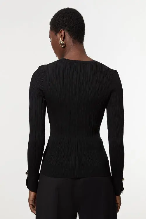 Karen Millen Military Trim Ribbed Knit Long Sleeve Top