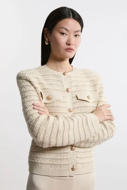 Karen Millen Textured Military Trim Knit Jacket - Cream