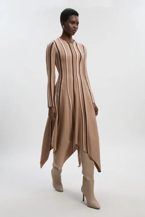 Karen Millen Asymmetric Hem Knit Midi Dress With Vertical Stripes - Camel