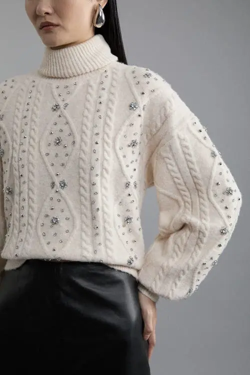 Karen Millen Embellished Cable Knit High Neck Jumper