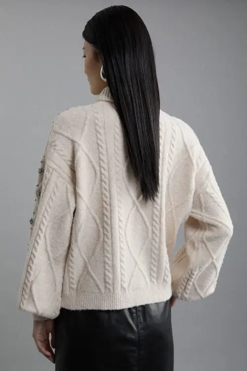 Karen Millen Embellished Cable Knit High Neck Jumper