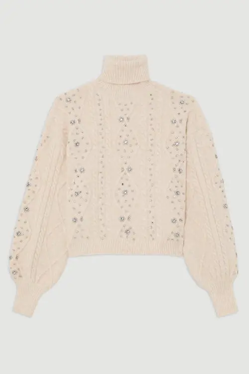 Karen Millen Embellished Cable Knit High Neck Jumper