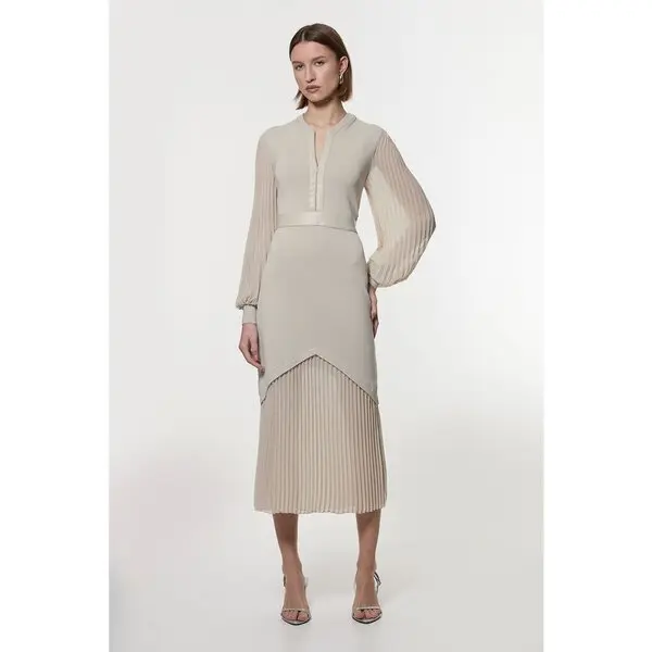 Karen Millen Petite Woven Sleeved Pleated Dress - Stone