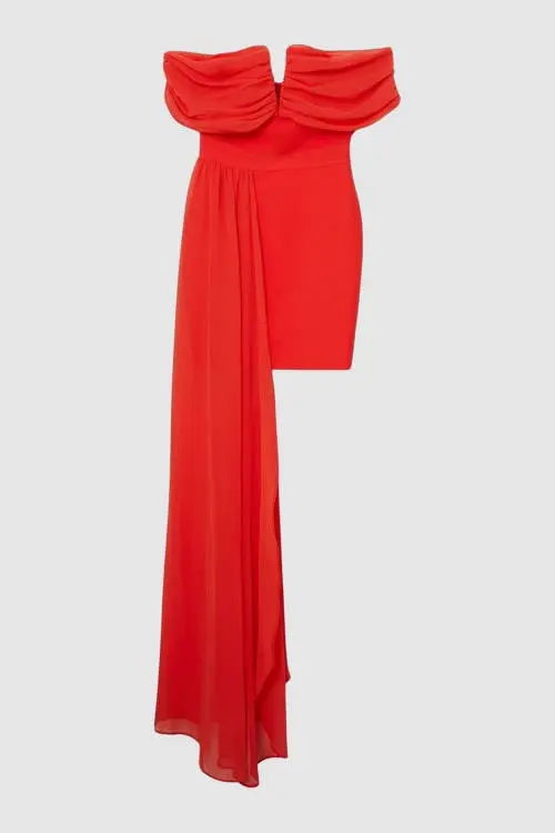 Karen Millen Figure Form Bandage Knit Bardot Dress With Draped Overlay - Red