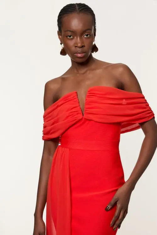 Karen Millen Figure Form Bandage Knit Bardot Dress With Draped Overlay - Red
