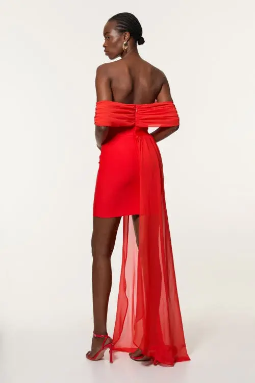 Karen Millen Figure Form Bandage Knit Bardot Dress With Draped Overlay - Red