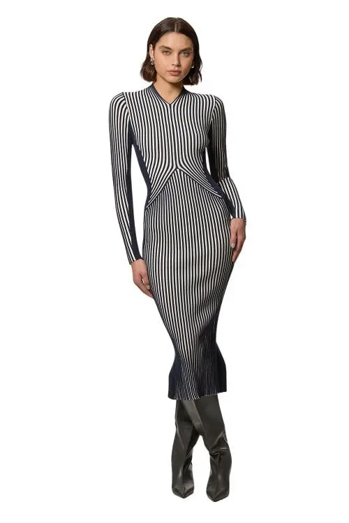Karen Millen Stripe Fitted Knitted Midi Dress - Navy