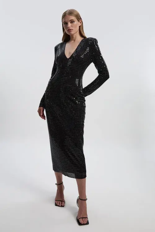 Karen Millen Long Sleeve Plunge Neck Midi Dress - Black