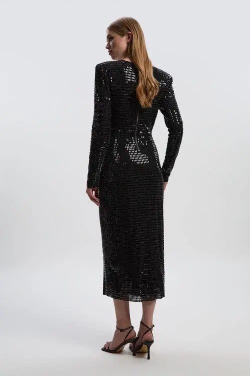 Karen Millen Long Sleeve Plunge Neck Midi Dress