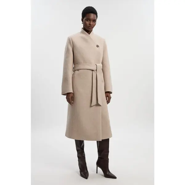 Karen Millen Wool Wrap Neck Tailored Belted Midi Coat - Oatmeal