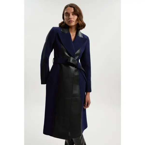 Karen Millen Wool Pu Mix Belted Midi Coat - Navy