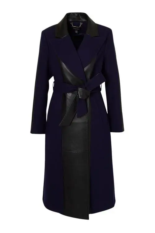 Karen Millen Wool Blend Belted Midi Coat With Pu Panels - Navy
