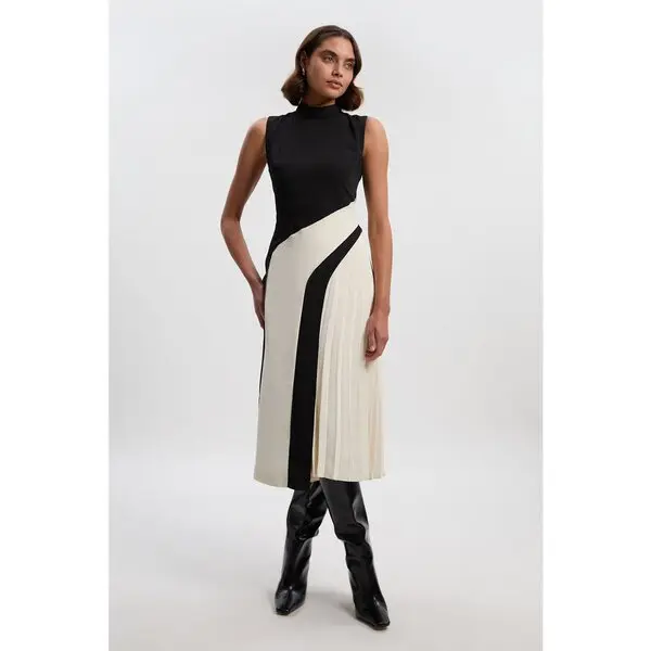 Karen Millen Color Block High Neck Midi Dress - Mono