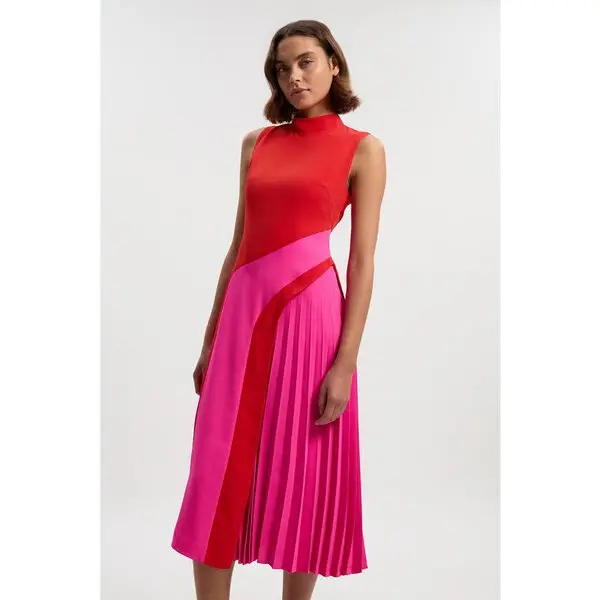 Karen Millen Colour Block High Neck Midi Dress - Pink
