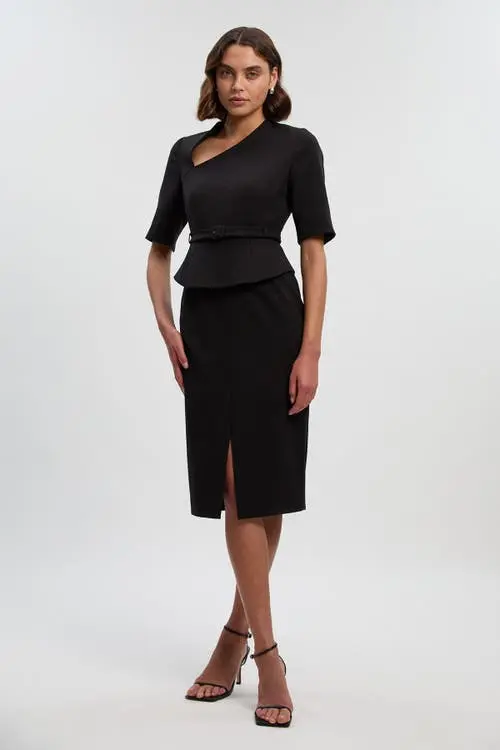 Karen Millen Asymmetric Neck Belted Pencil Midi Dress