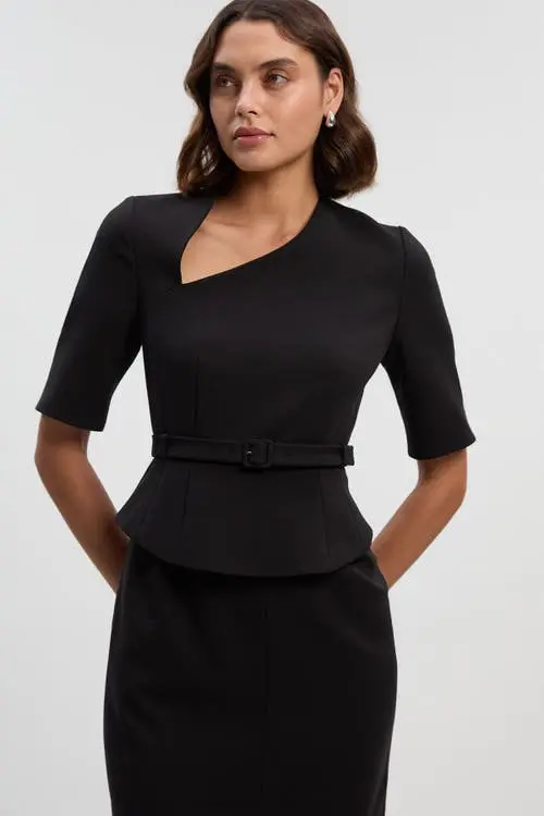 Karen Millen Asymmetric Neck Belted Pencil Midi Dress