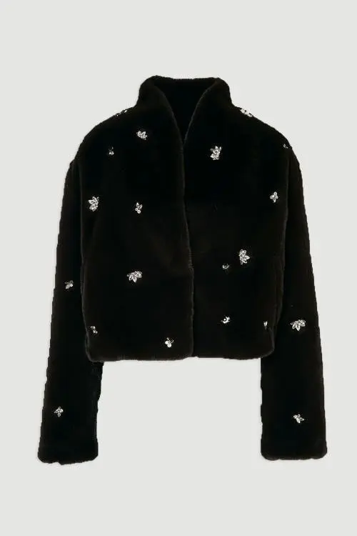 Karen Millen Crystal Embellished Faux Fur Short Coat