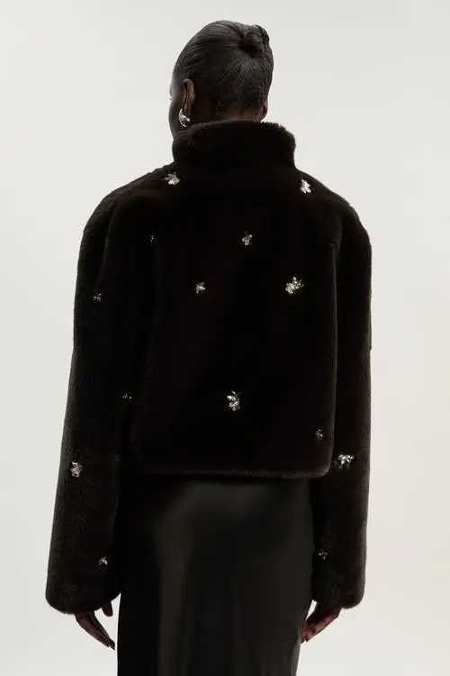 Karen Millen Crystal Embellished Faux Fur Short Coat