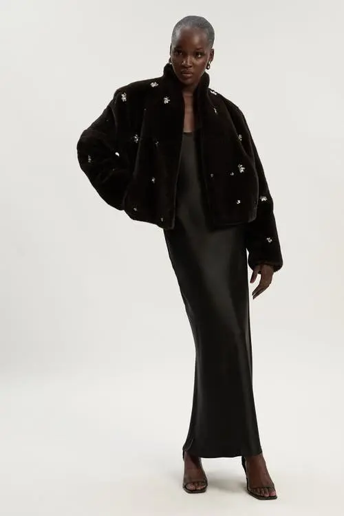 Karen Millen Crystal Embellished Faux Fur Cropped Coat - Chocolate
