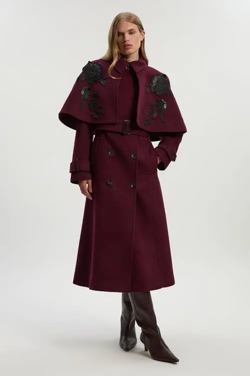 Karen Millen Tailored Funnel-neck Cape Midi Coat - Burgundy