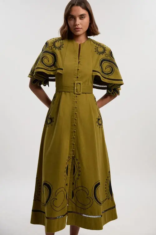 Karen Millen Baroque Cape Sleeve Midi Dress - Khaki
