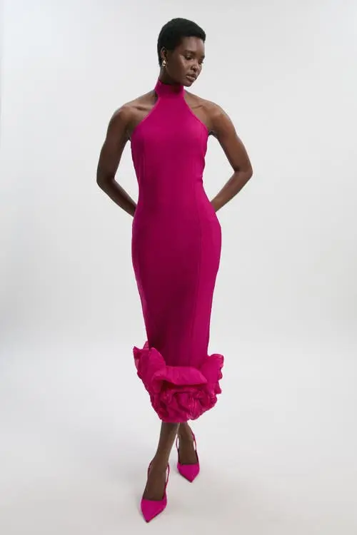 Karen Millen Ruffle Hem Halter Knit Midi Dress - Magenta