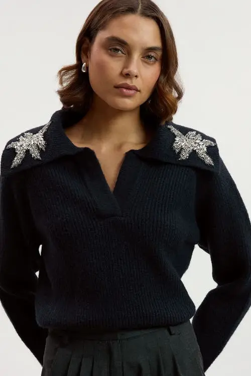 Karen Millen Embellished Collar V-neck Knit Sweater - Navy
