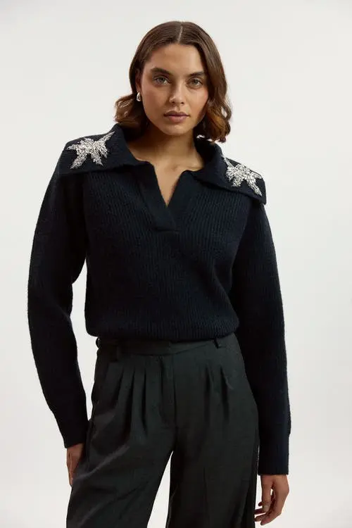 Karen Millen Embellished Collar V-neck Knit Sweater