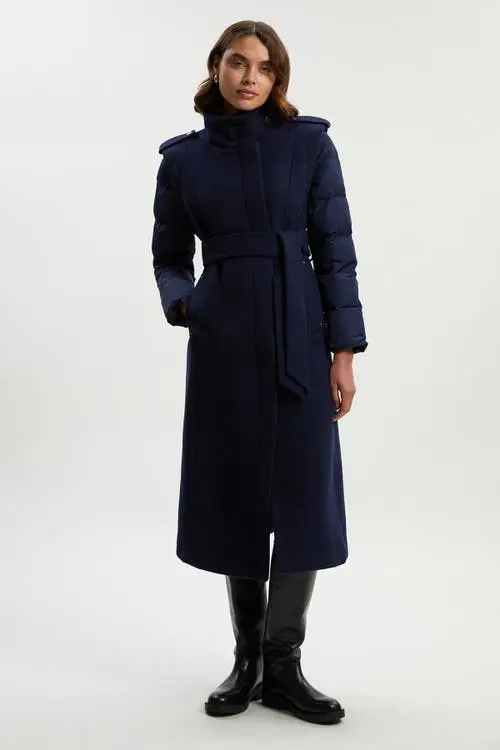 Karen Millen Wool High Neck Puffer Belted Midi Coat - Navy