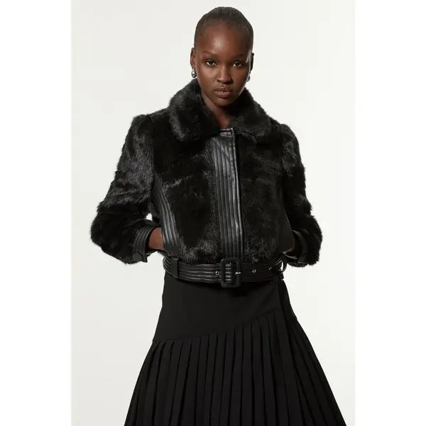 Karen Millen Faux Fur Pu Panel Belted Cropped Jacket - Black
