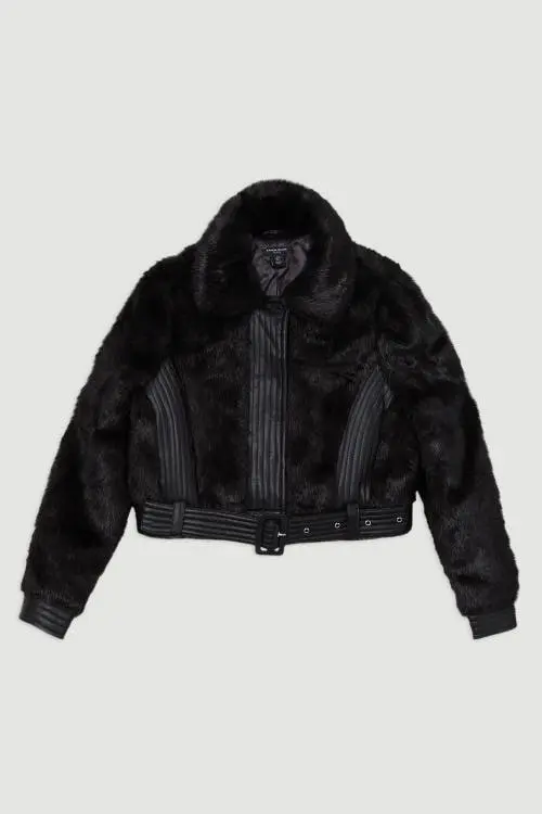 Karen Millen Faux Fur Pu Panel Belted Cropped Jacket - Black
