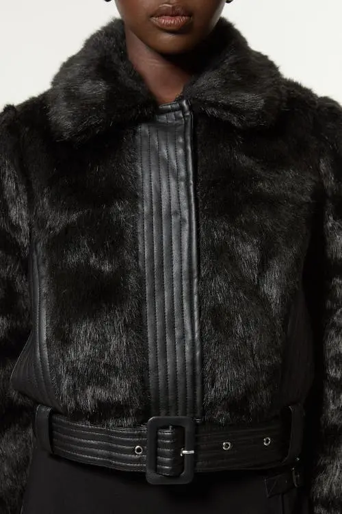 Karen Millen Faux Fur Pu Panel Belted Cropped Jacket - Black