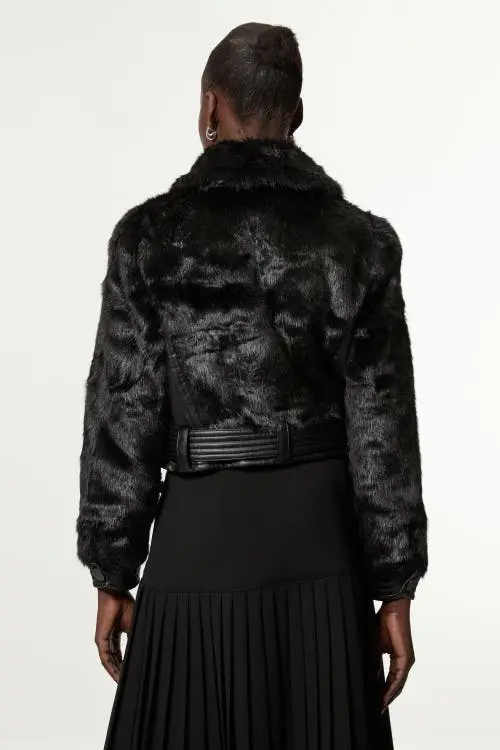 Karen Millen Faux Fur Pu Panel Belted Cropped Jacket - Black