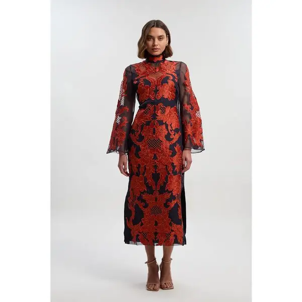 Karen Millen High Neck Embroidered Midi Dress