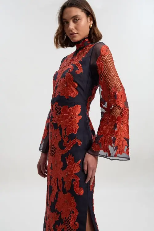 Karen Millen High Neck Embroidered Midi Dress