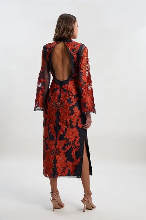 Karen Millen High Neck Embroidered Midi Dress