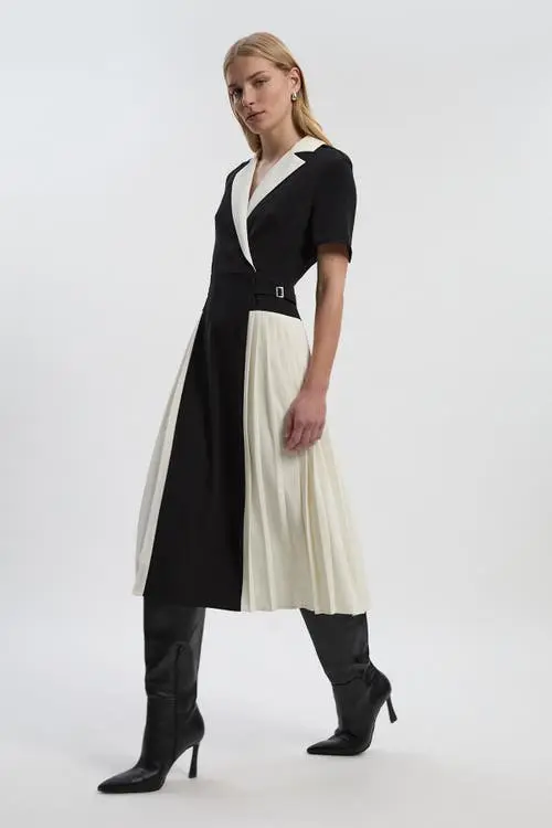 Karen Millen Tailored Crepe Pleated Midi Shirt Dress - Mono