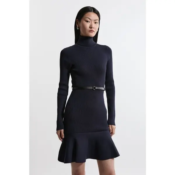 Karen Millen Roll Neck Belted Flippy Hem Mini Dress - Navy