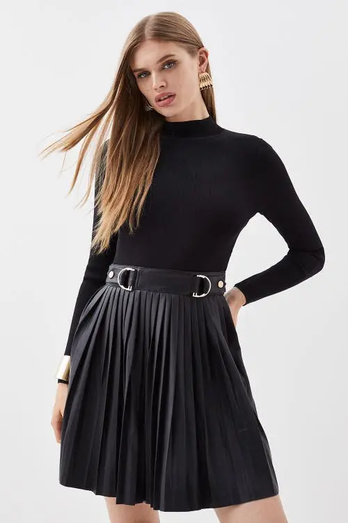 Karen Millen Knitted Top Pleated Skater Dress - Black