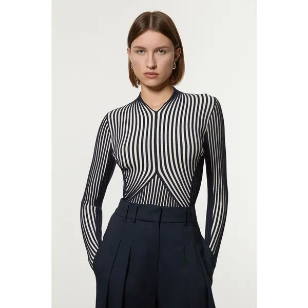 Karen Millen Stripe Fitted Long Sleeve Knitted Top