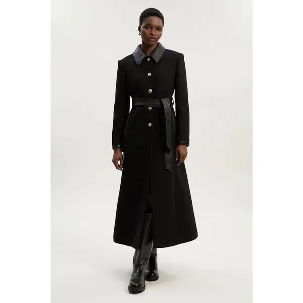 Karen Millen Wool Pu Mix Belted Tailored Maxi Coat - Black