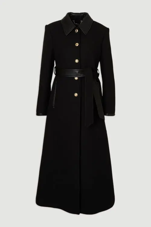 Karen Millen Wool Blend Maxi Coat With Pu Details